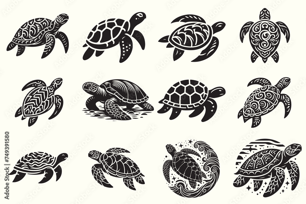 Sea turtle Silhouette Vector Illustration Set Stock Vector | Adobe Stock