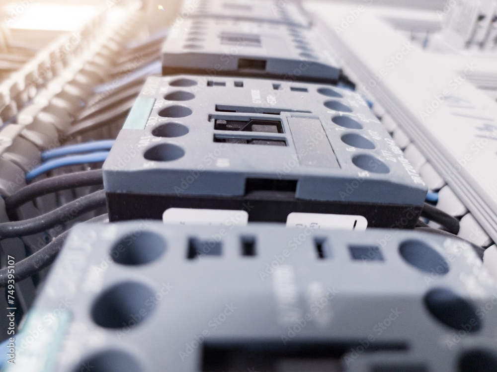 Close up the magnetic contactors relay on panel board, Wiring ...