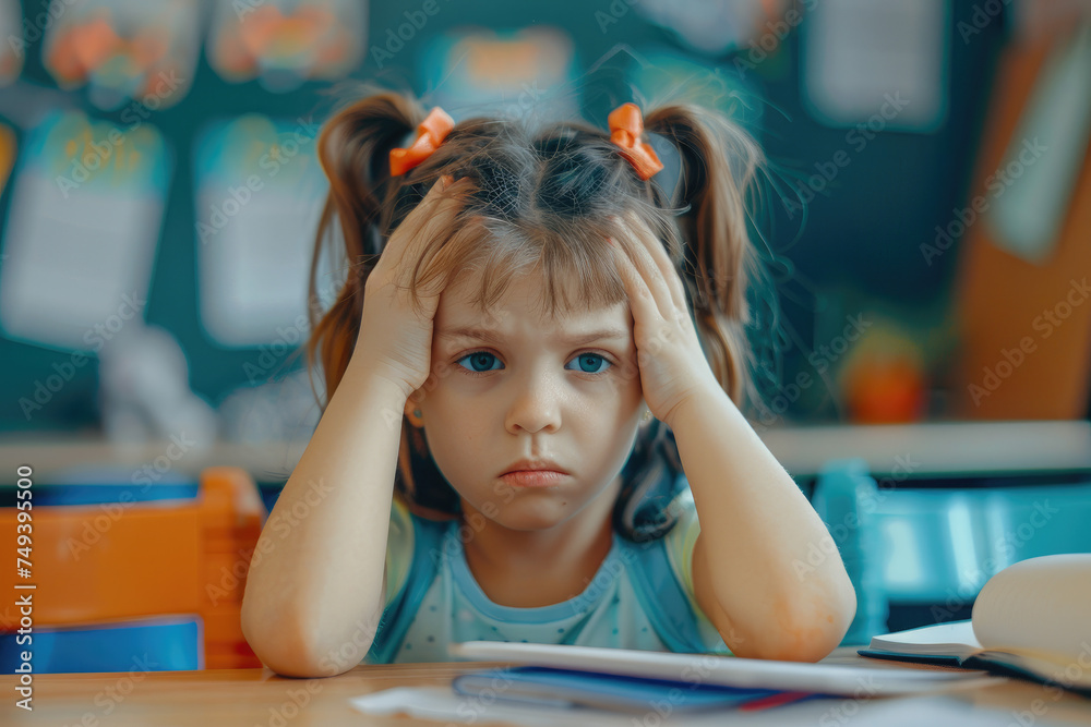 Tired schoolgirl having headache during class in the classroom Stock ...