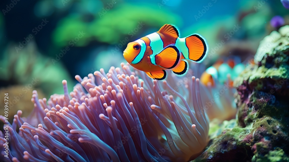 Amphiprion ocellaris clownfish in marine aquarium. Orange corals in the ...