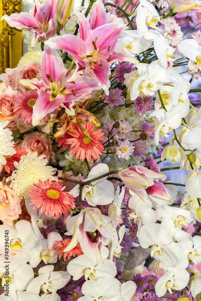 Layout of flowers and leaves. Beautiful flowers as background. bunch of ...