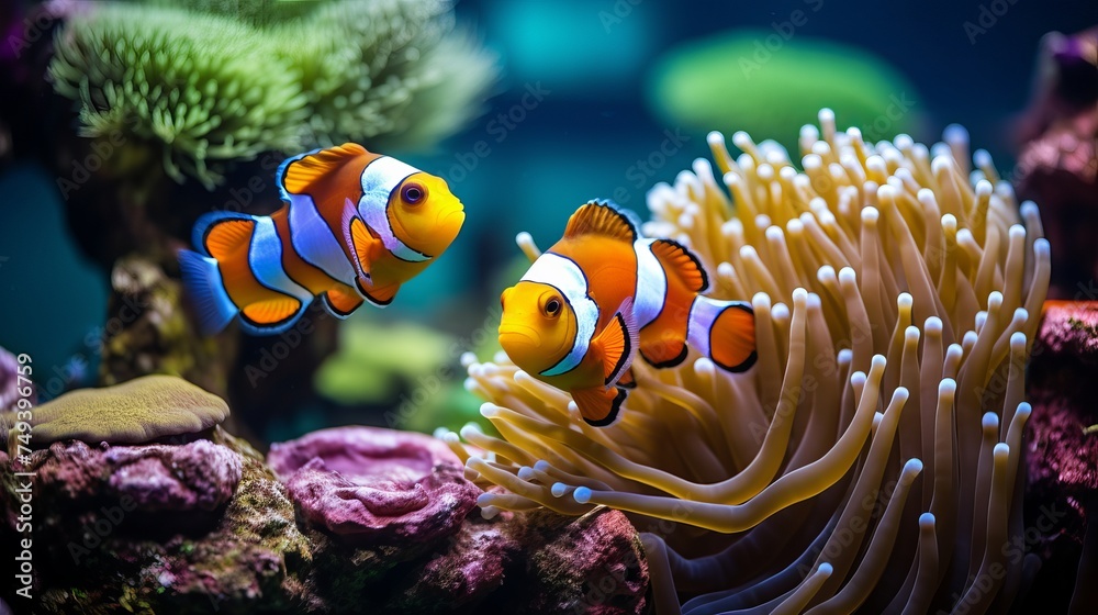 Amphiprion ocellaris clownfish in marine aquarium. Orange corals in the ...