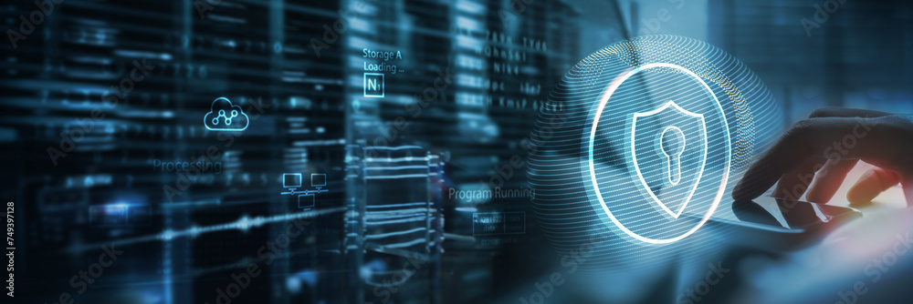 Cyber security system and data protection concept. Man using ...
