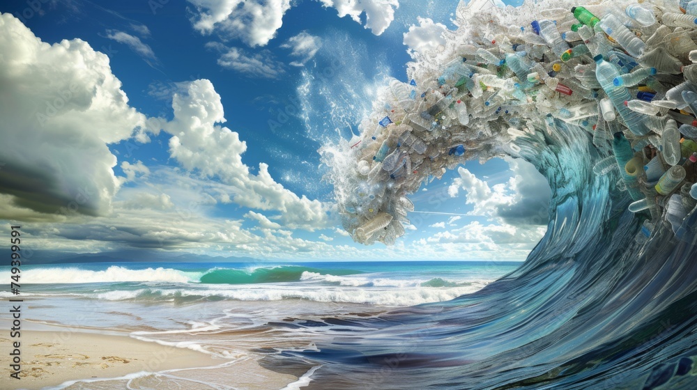 The artwork presents a towering, hyperrealistic wave of trash, vividly ...