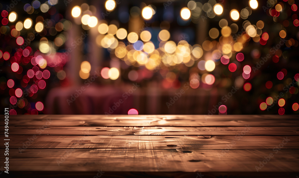 Wooden rustic texture table top on blurred bright lights background ...