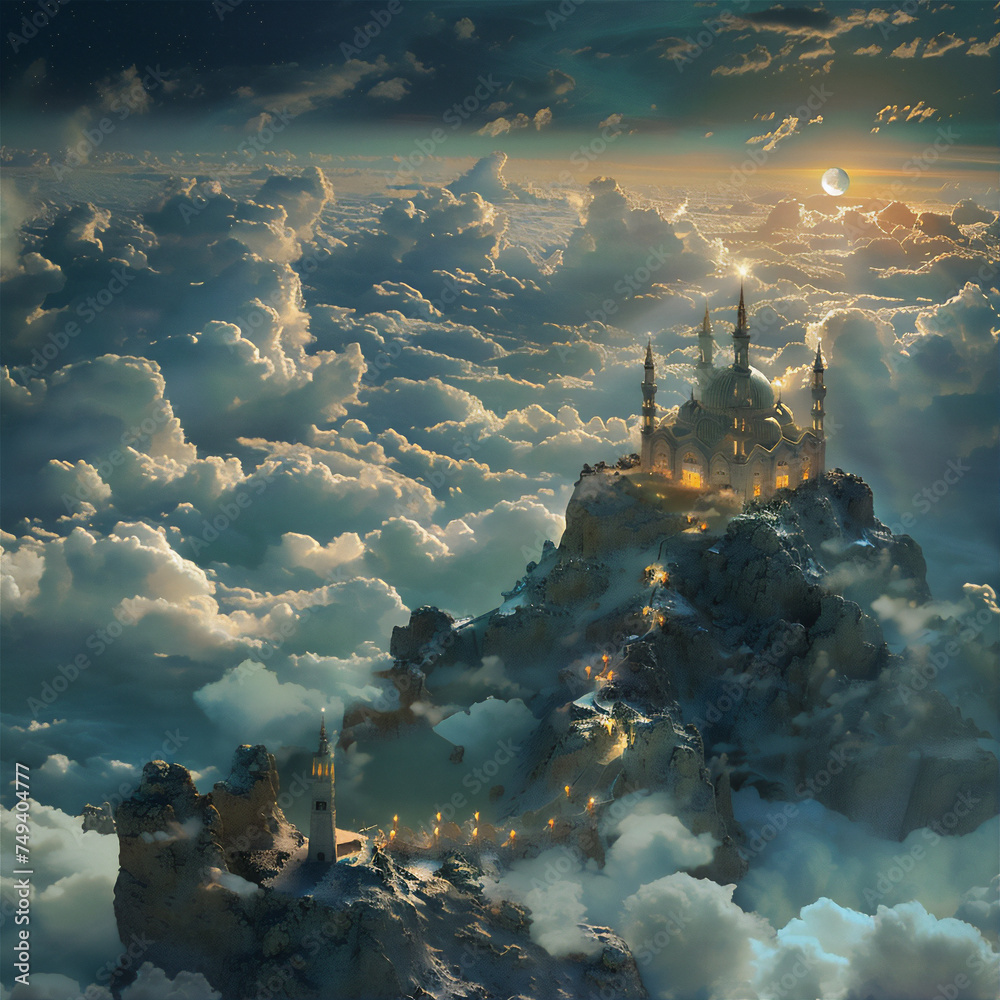 Mosque on the edge of rock cliff in universe with clouds at night in ...