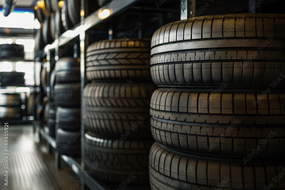 Car tires on store shelves, tire sales, tire store banner Stock ...