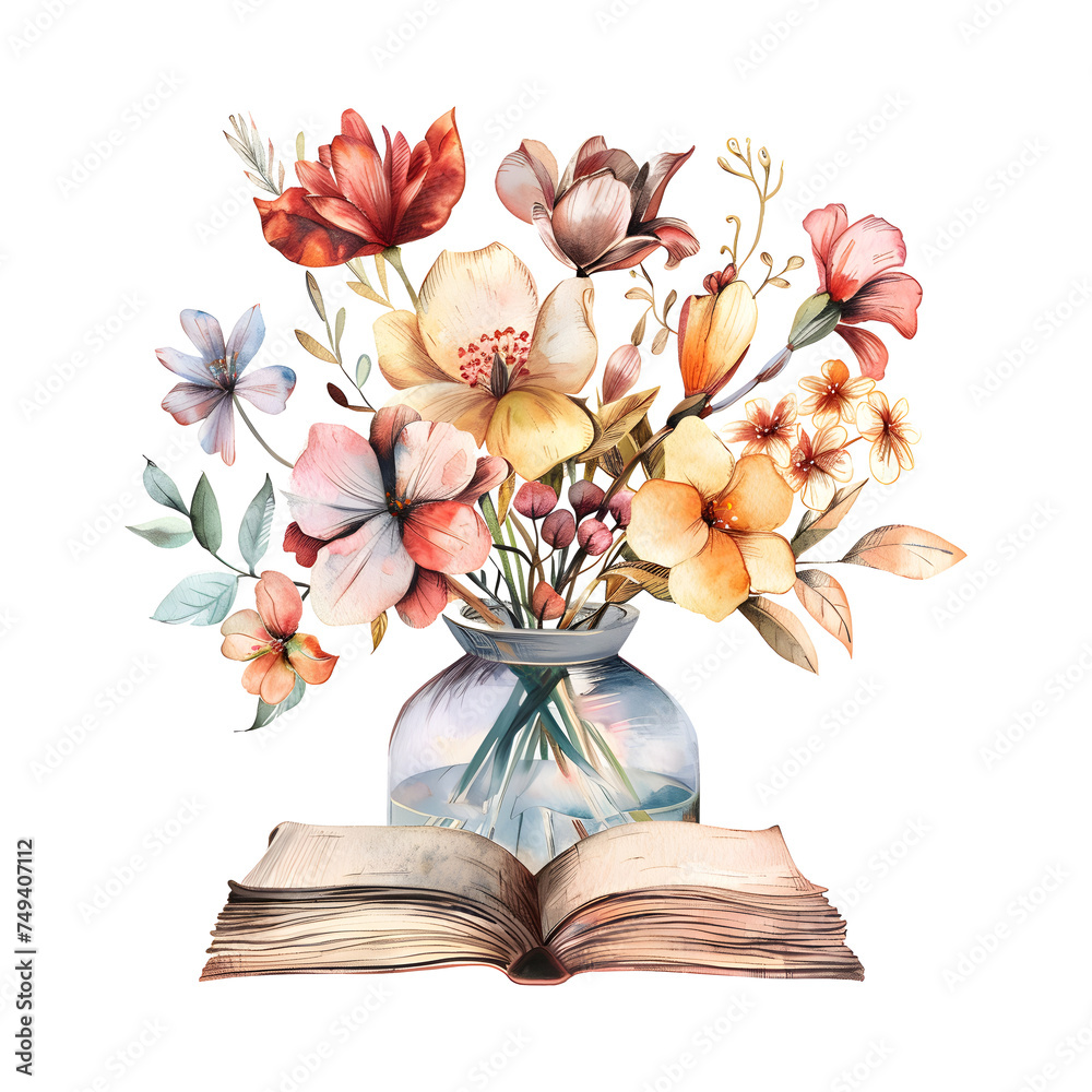Watercolor illustration,watercolor painting of flowers,book with ...