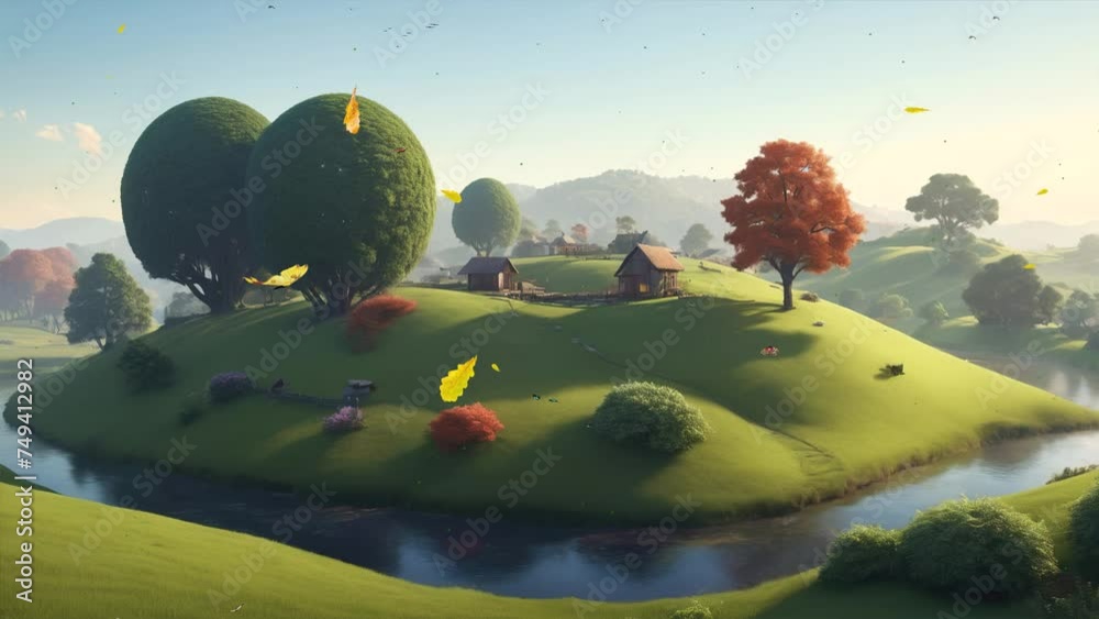 Vidéo Stock landscape house with trees and hills 4k looping animation ...