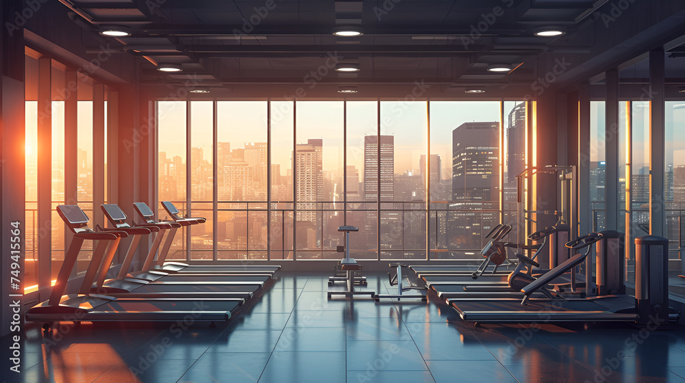 Fitness center gym interior design with daylight big window center city ...