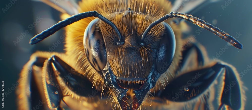 This is a close up view of a bees face, showcasing its intricate ...
