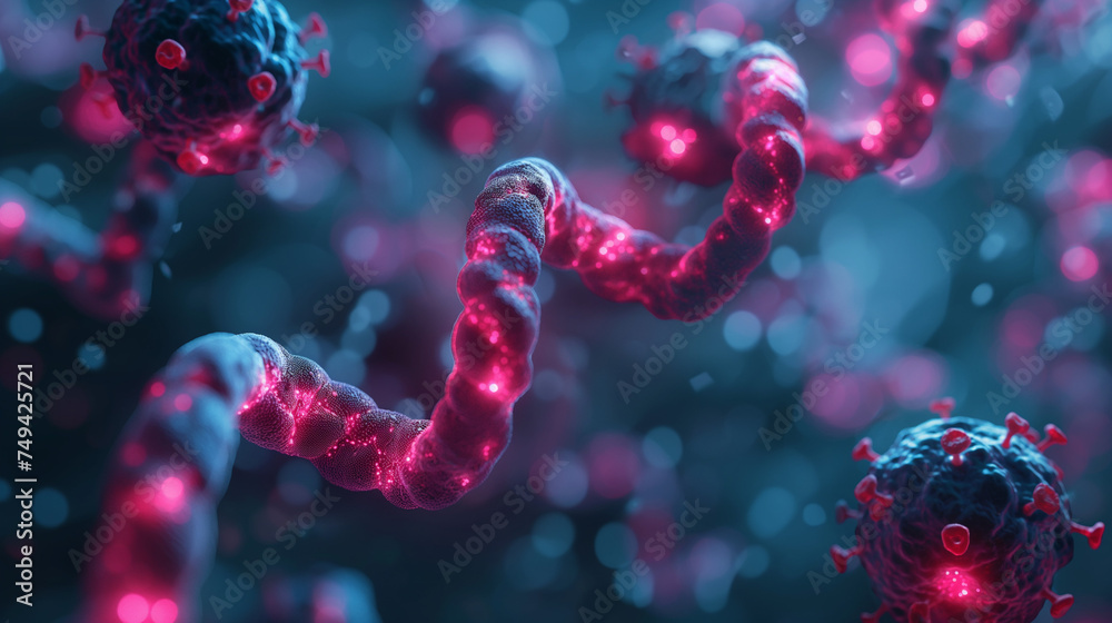 medical pharmaceutical research background with blood cells and virus ...