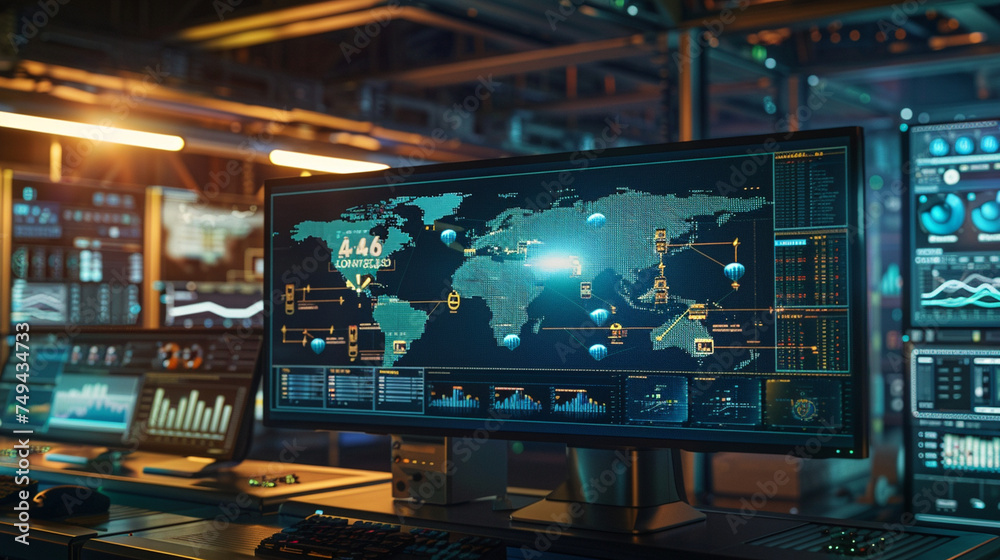 Against the backdrop of a futuristic logistics control center, a ...