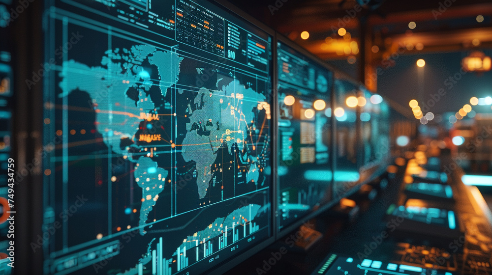 Against the backdrop of a futuristic logistics control room, a computer ...