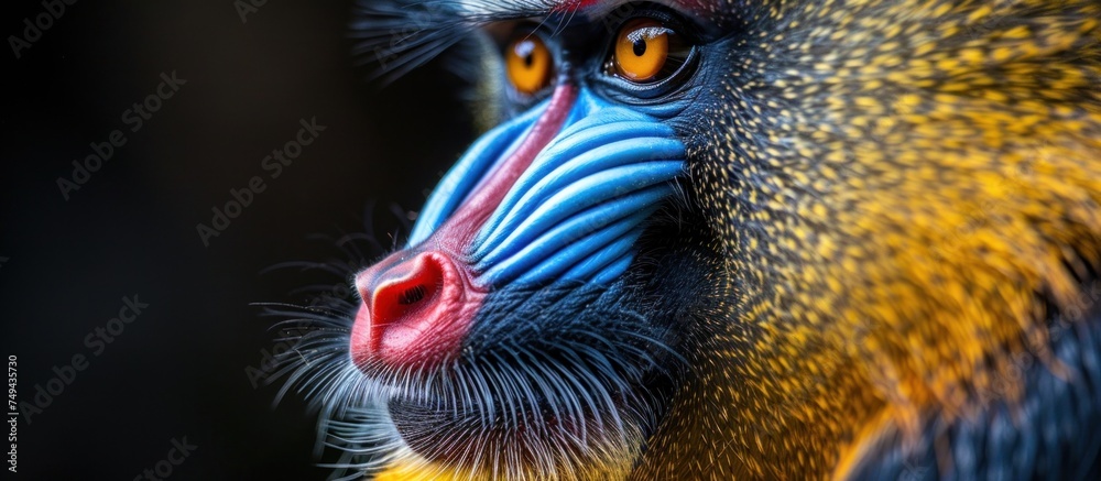 The close-up shot features the face of a mandrill with vibrant yellow ...