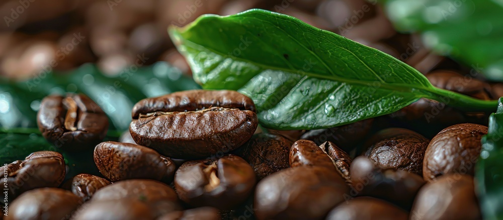 A cluster of fresh coffee beans with a vibrant green leaf resting on ...