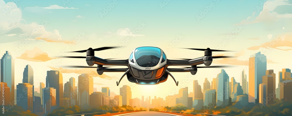 EVTOL passenger drone lifting off from near city skyline for transport ...