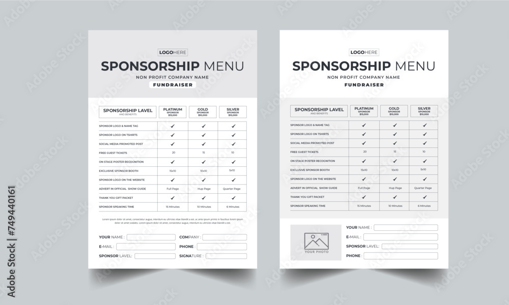 Sponsorship Levels Fundraising Flyers design layout template with 2 ...