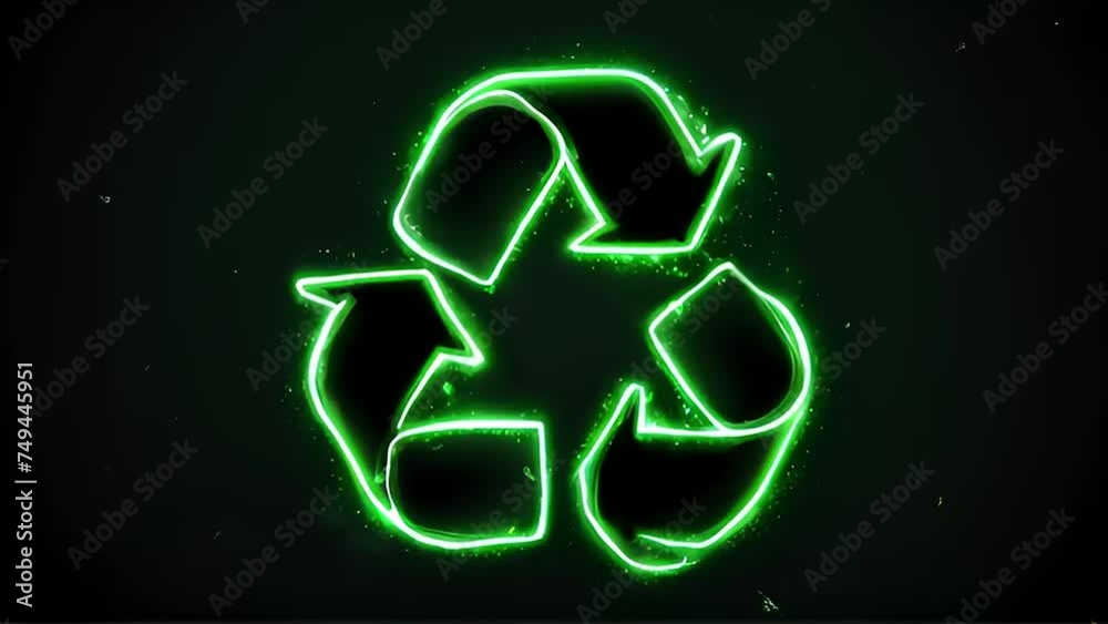 Glowing green neon recycle symbol on black background with particle ...