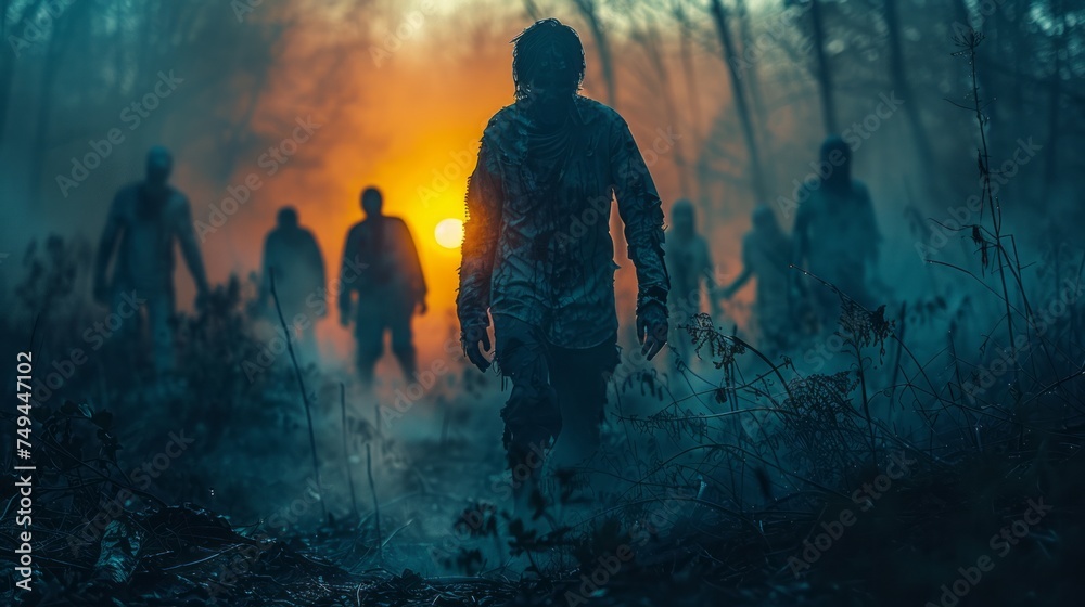 bloodthirsty zombies attacking concept. Silhouette of scary zombie ...