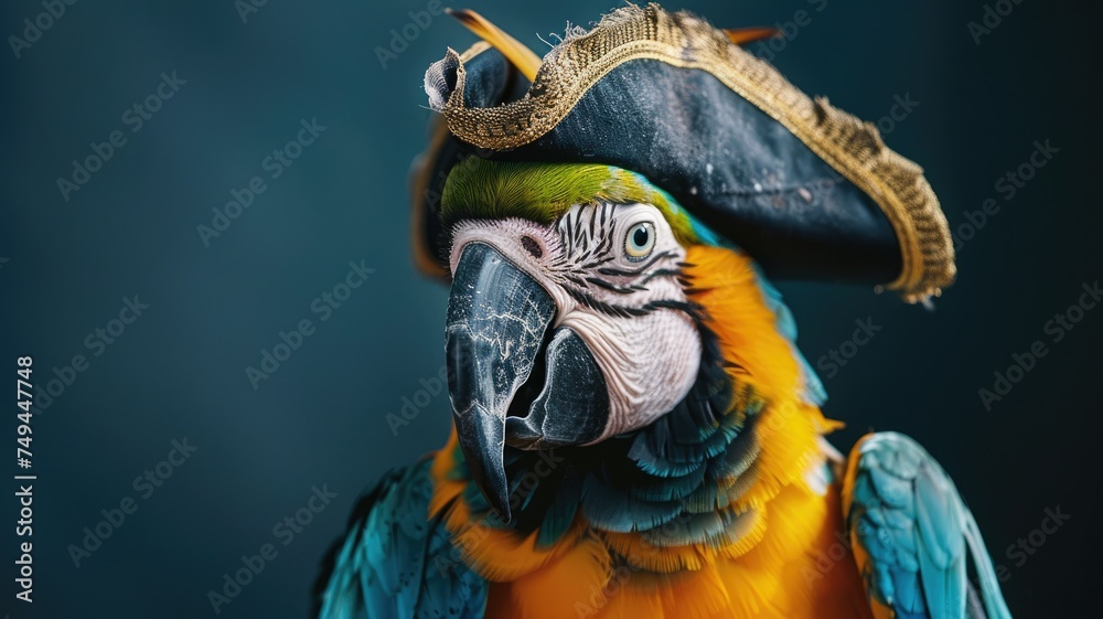 Parrot with pirate hat holding a sword in beak - A macaw parrot in a ...