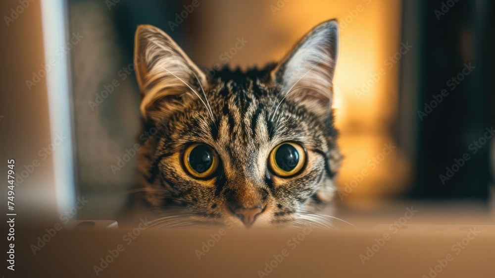 Tabby cat gazing from behind a computer - An intriguing photo capturing ...