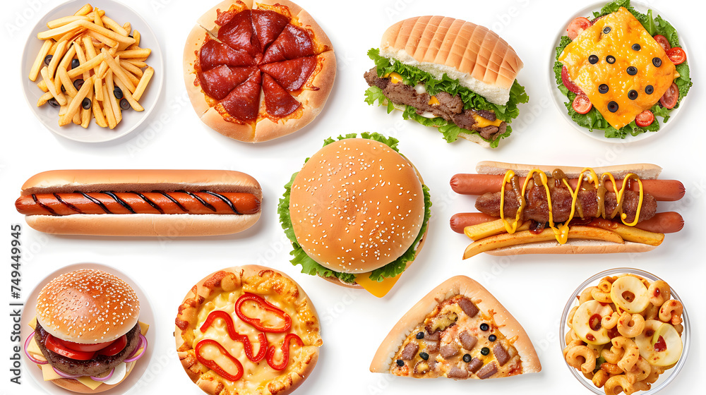 Hot Dogs French Fries Chicken Tenders Pizza Burgers on isolated ...