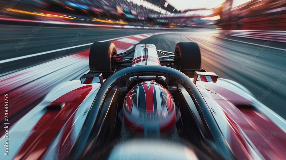 race car formula 1 driver driving fast high speed in race track in ...