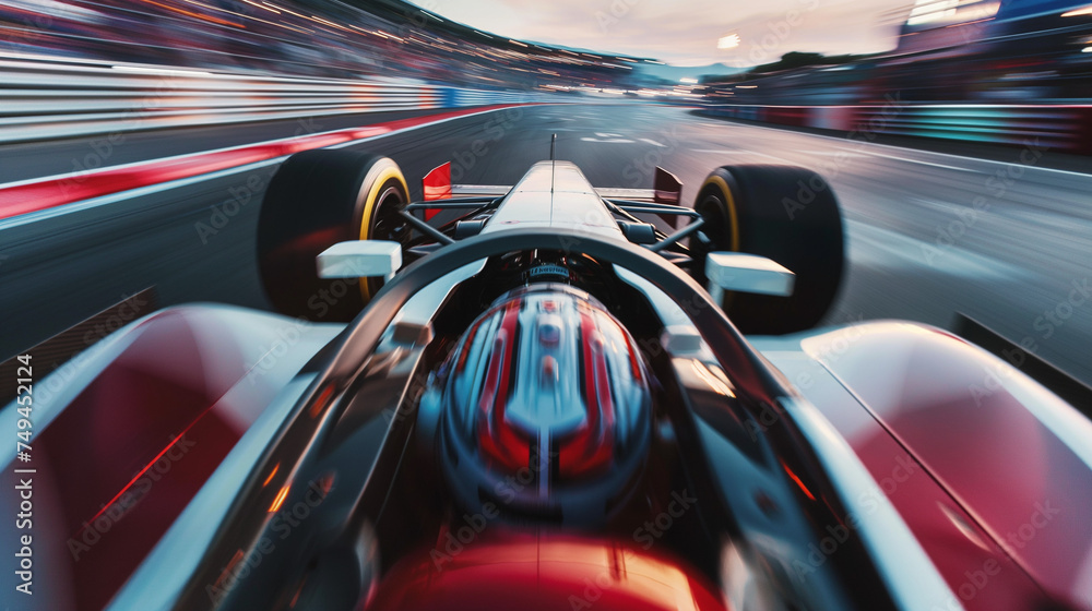 race car formula 1 driver driving fast high speed in race track in ...