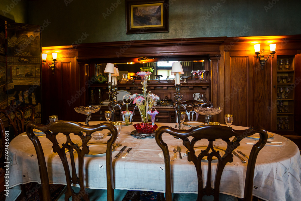 Famous historic landmark, Pittock Mansion building dining room interior ...