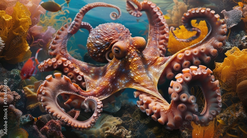 Stretching its tentacles amidst the diverse and vibrant life of a coral ...