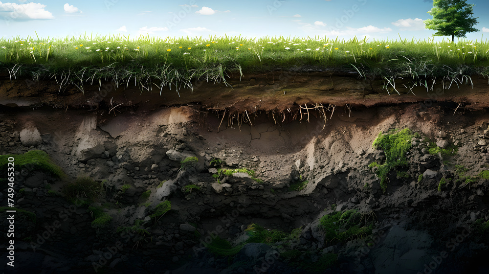 underground soil layer of cross section earth, erosion ground with ...