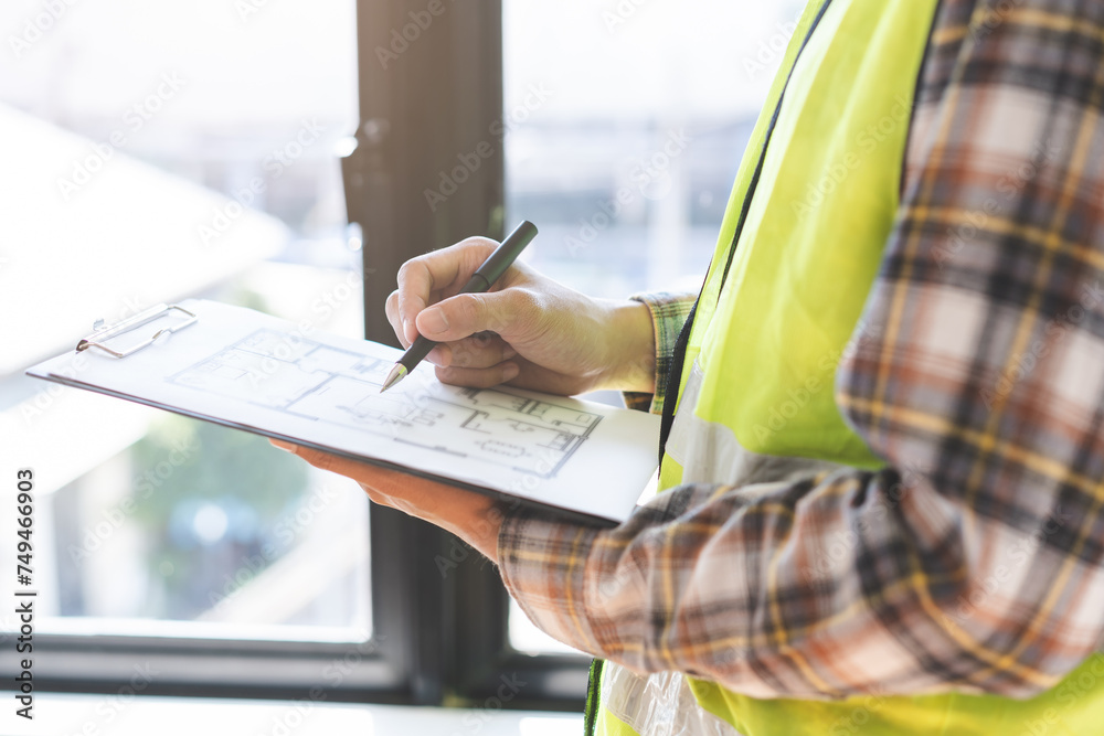 Building inspection asian contractor young man, male inspecting home ...