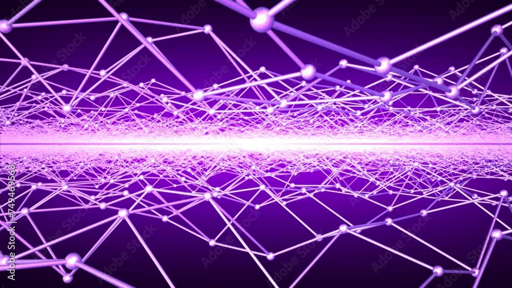Flying through abstract structure with moving spheres and lines. 3D ...