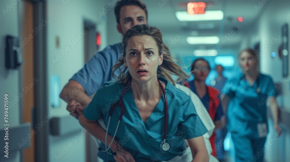 Emergency Response: Doctor and nurses rushing with patient on stretcher ...