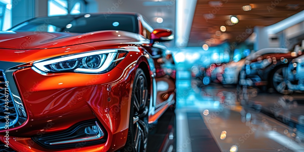 New car sitting on the showroom floor of a car dealership. Interior ...
