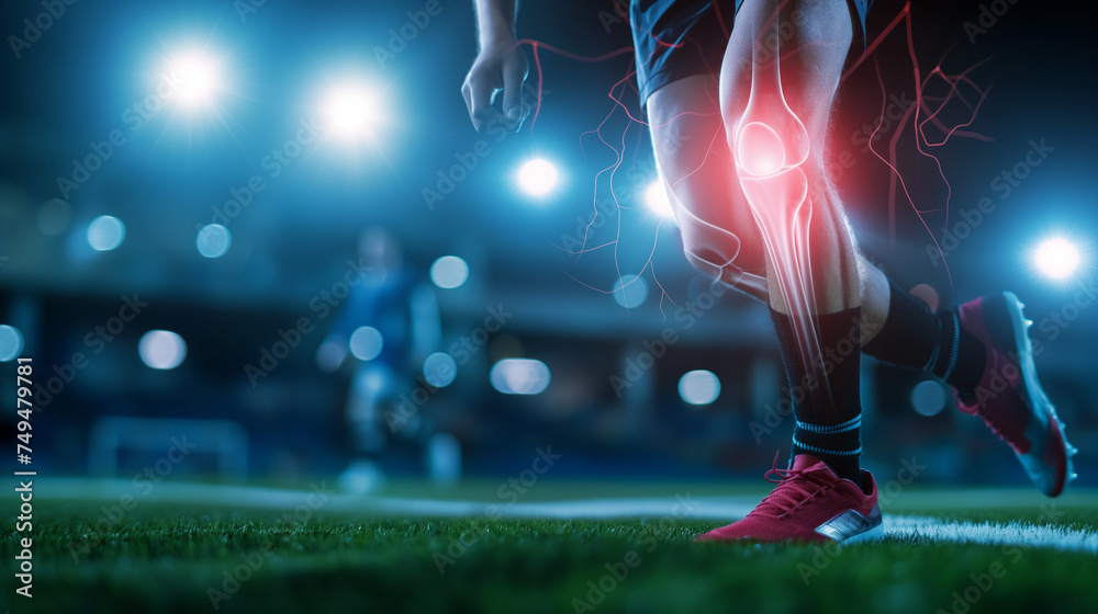 football player pain with injury at knee ankle during play football on ...