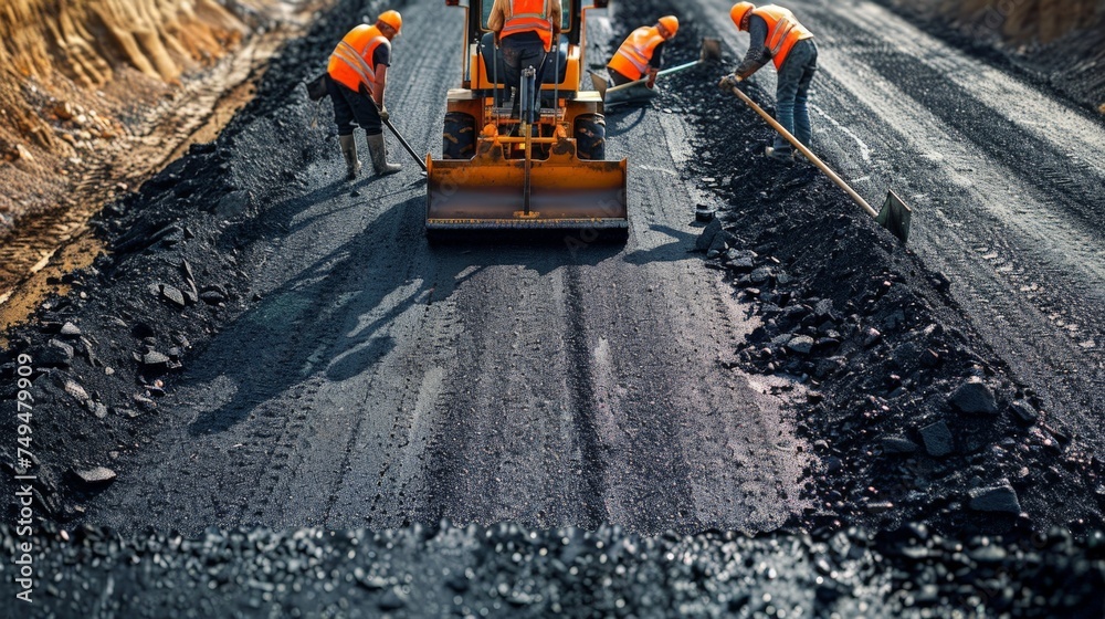Road construction workers' teamwork, tarmac laying works at a road ...