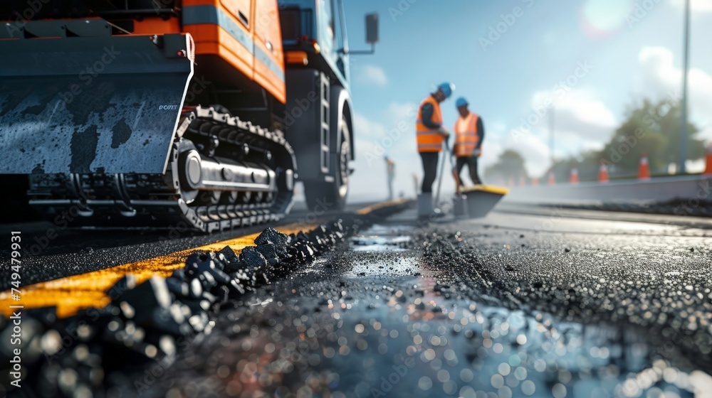 Road construction workers' teamwork, tarmac laying works at a road ...