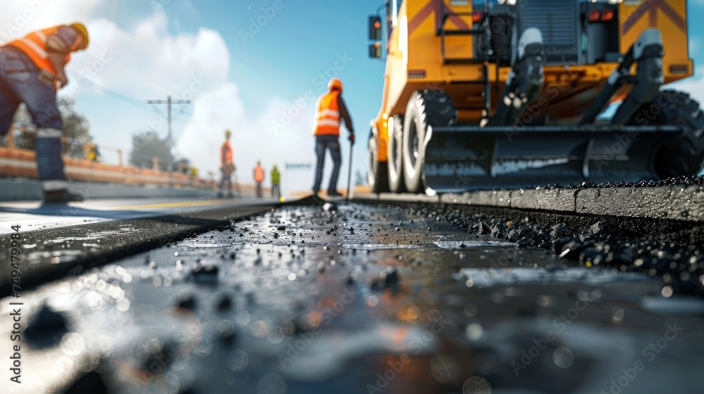 Road construction workers' teamwork, tarmac laying works at a road ...