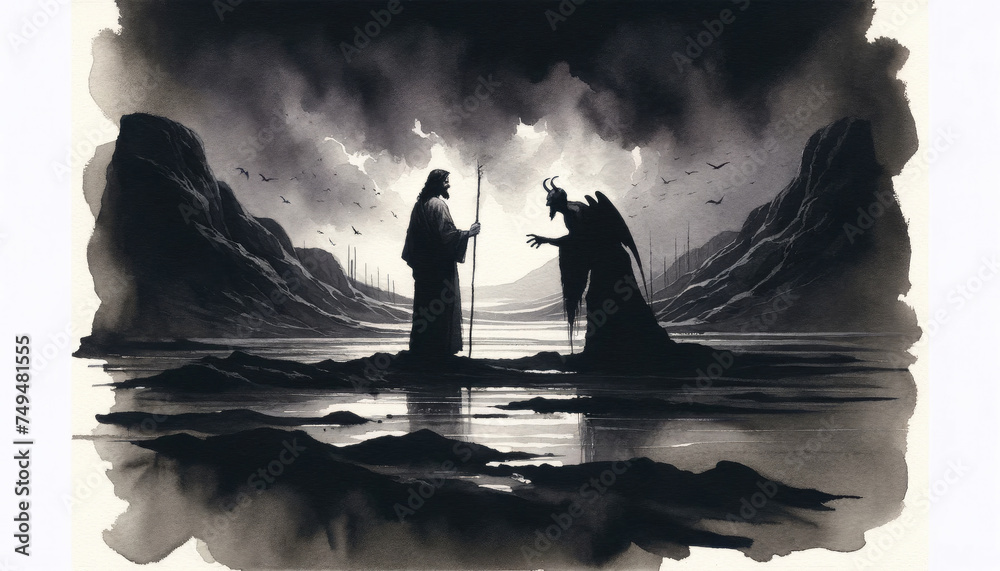 The temptation of Jesus by Satan in the Judean Desert. Life of Jesus ...