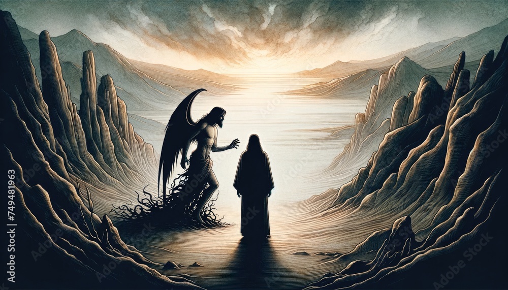 The temptation of Jesus by Satan in the Judean Desert. Life of Jesus ...