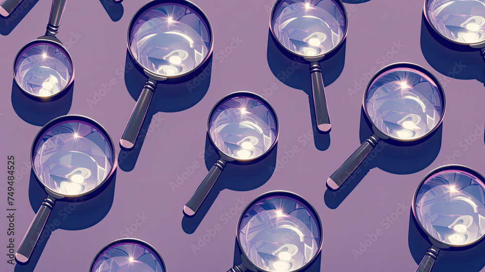A pattern of magnifying glasses with reflective surfaces on a purple ...