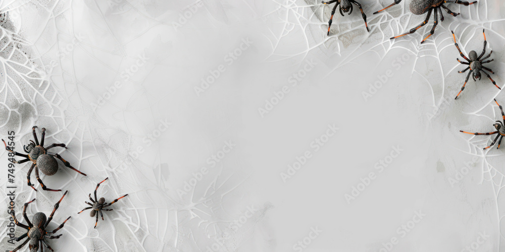 spooky arrangement of fake spiders and webs on a white background ...