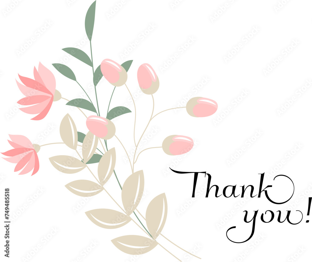 Thank you with flowers card lettering. Pink flowers and buds on a ...