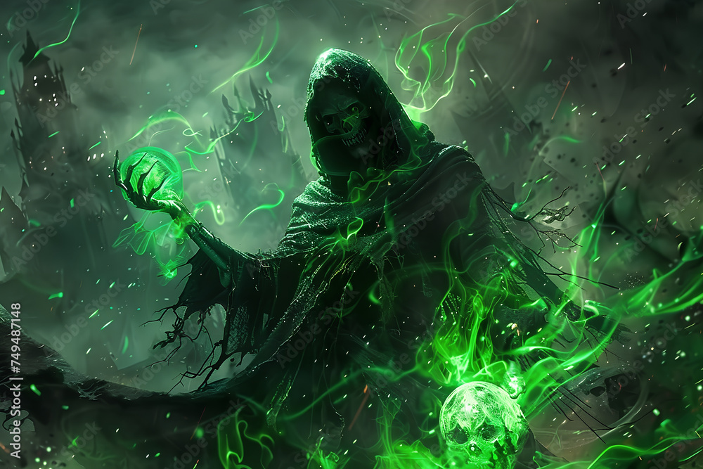 Undead wizard necromancer in dark cloak, green energy radiating from ...