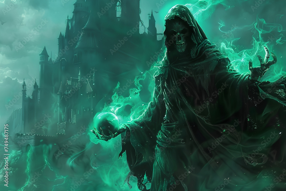 Undead wizard necromancer in dark cloak, green energy radiating from ...