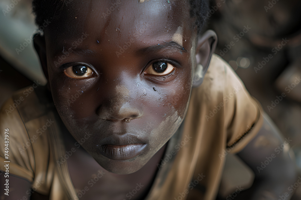 conceptual image African child who suffers working all day in inhumane ...