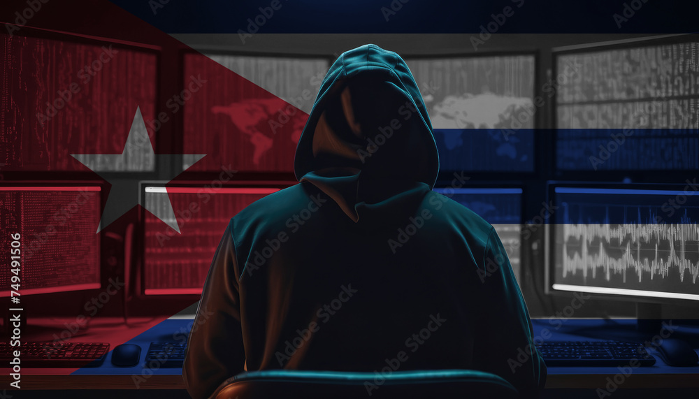 Cyber threat from the Cuba. Hacker at the computers on a background of ...