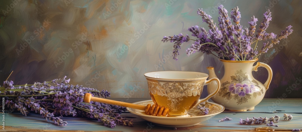 A detailed painting depicting a lavender tea cup, saucer, and honey jar ...